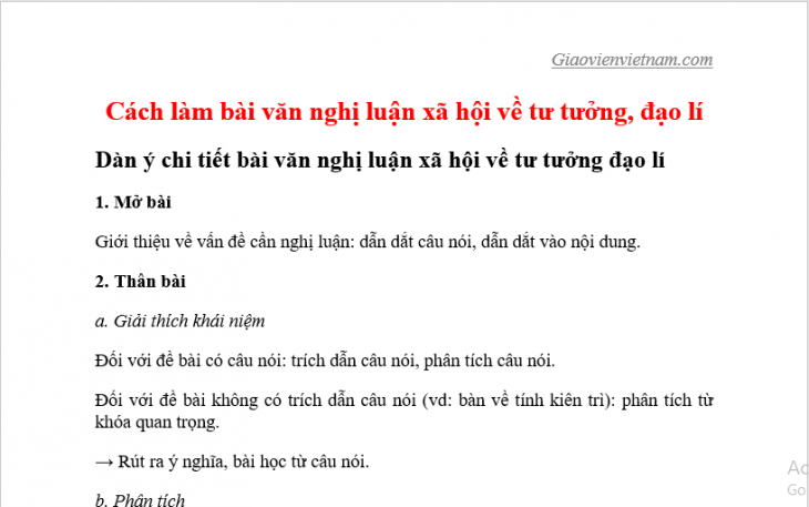 Dàn ý nghị luận xã hội tư tưởng đạo lí - Giáo viên Việt Nam