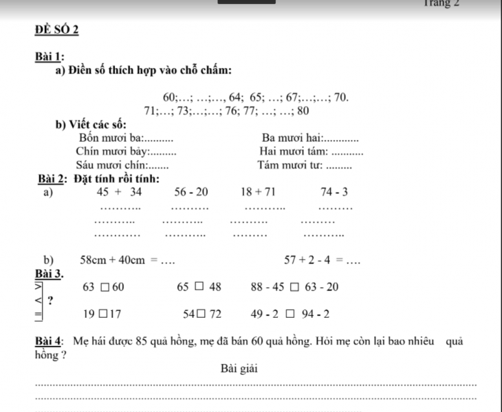 30 đề ôn tập học kì 2 môn Toán lớp 1 - Giáo viên Việt Nam