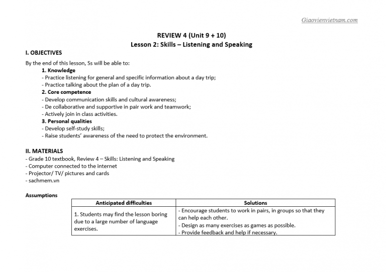 Giáo Án Môn Tiếng Anh Lớp 10 Global Success Theo Từng Unit Cả Năm