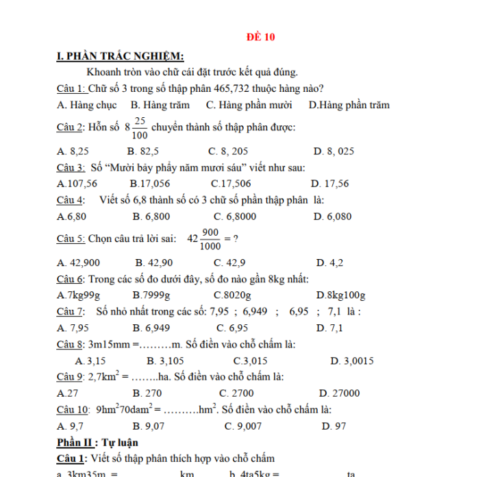 Bộ đề kiểm tra toán lớp 5 học kì 1 có đáp án mới nhất