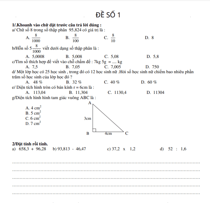 10 đề kiểm tra toán lớp 5 kì 2 - Giáo viên Việt Nam