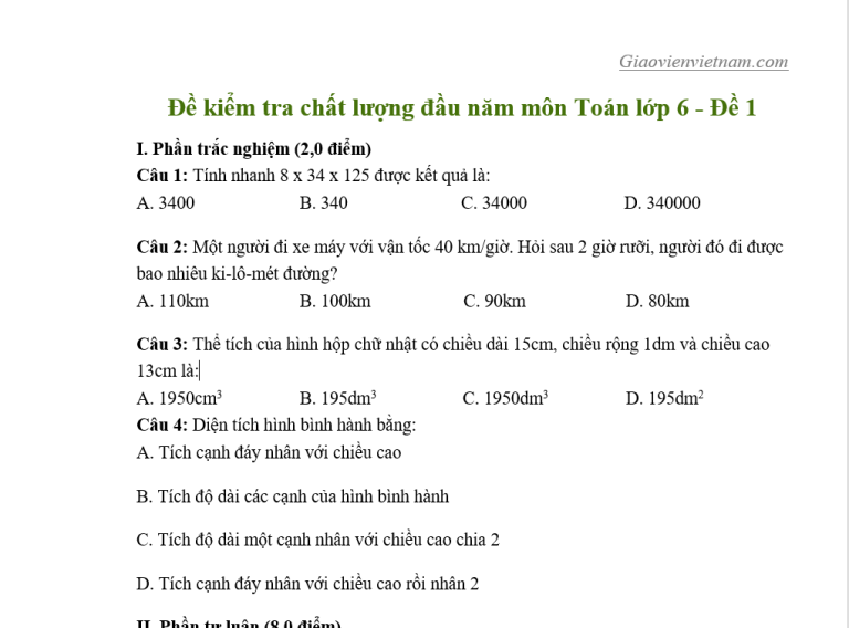 42 đề kiểm tra khảo sát chất lượng đầu năm môn Toán lớp 6